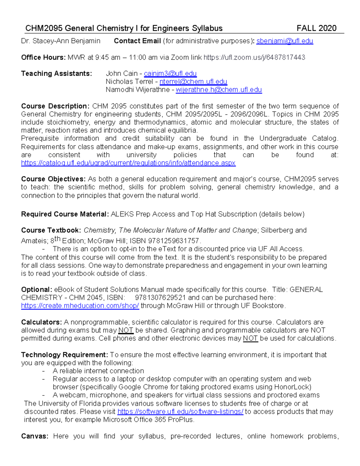 CHM-2095 Fall-2020 Benjamin - CHM2095 General Chemistry I for Engineers ...
