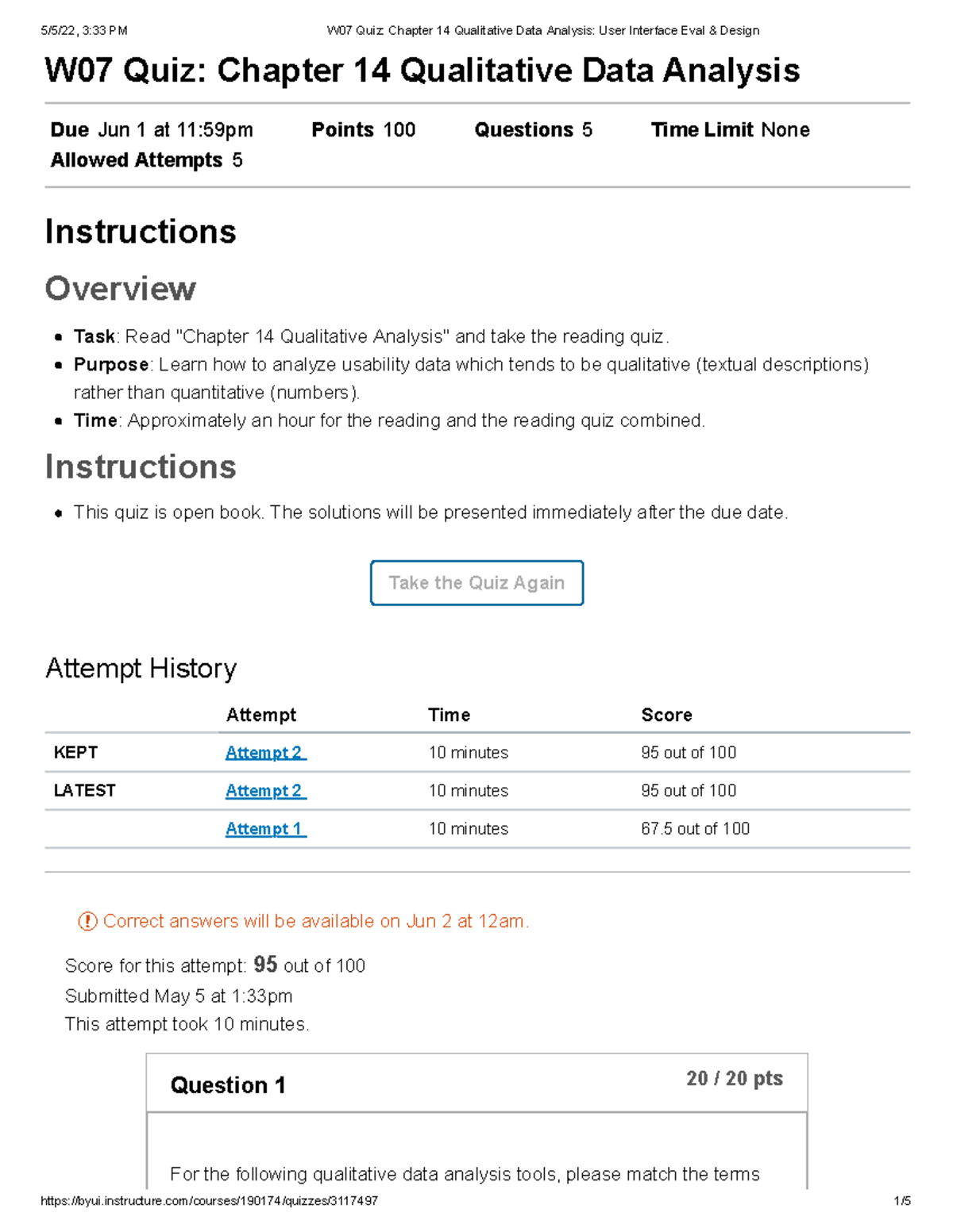 W07 Quiz Chapter 14 Qualitative Data Analysis User Interface Eval & Design - W07 Quiz: Chapter ...
