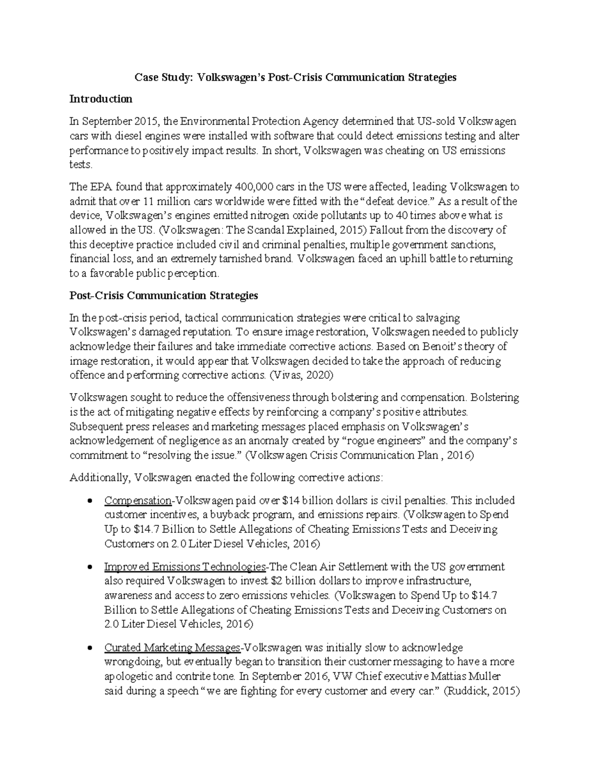 Volkswagen Case Study-Written Assignment #3 - Case Study: Volkswagen’s ...