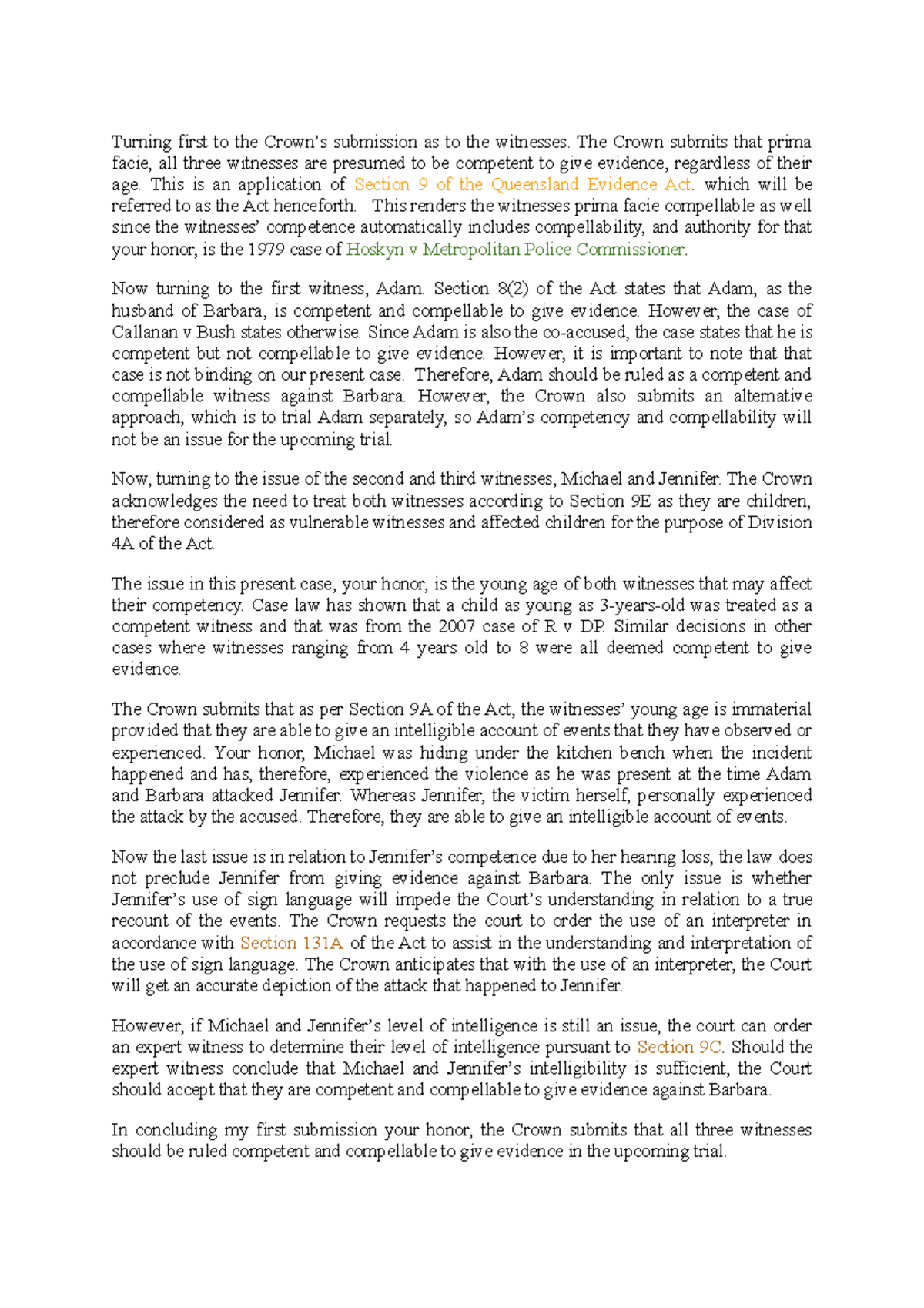 Oral Advocacy Script For Evidence LLB303 LLB303 QUT Studocu