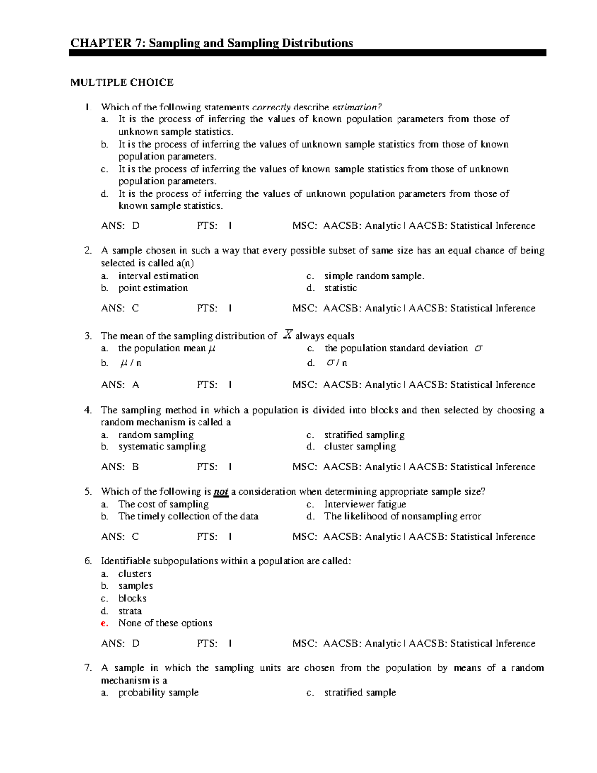 Chapter 7 Sampling and Sampling Distribustion - CHAPTER 7: Sampling and Sampling Distributions ...