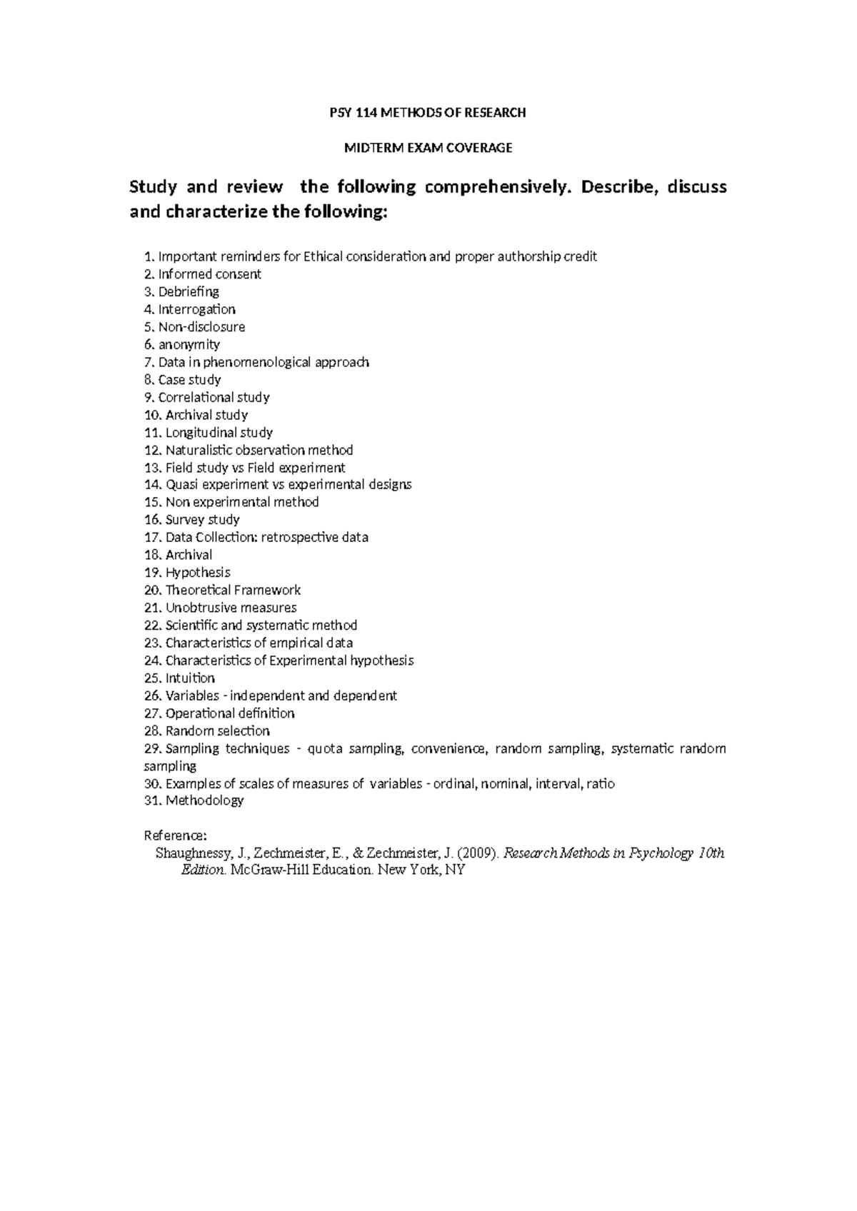 Reviewer PSY-114- Methods-OF- Research - PSY 114 METHODS OF RESEARCH MIDTERM EXAM COVERAGE Study ...