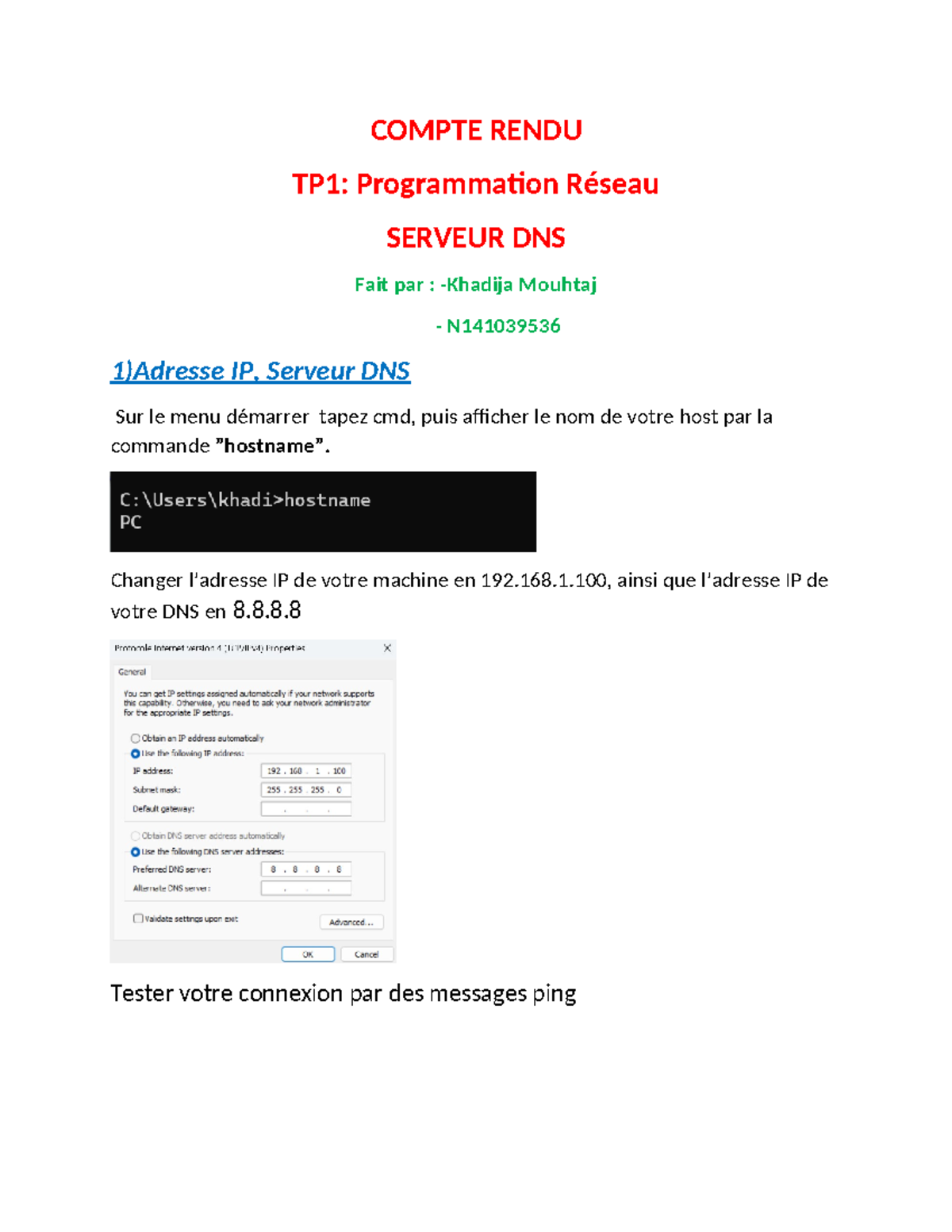 Compte Rendu - ggggggggggggggggggg - COMPTE RENDU TP1: Programmation Réseau SERVEUR DNS Fait par ...