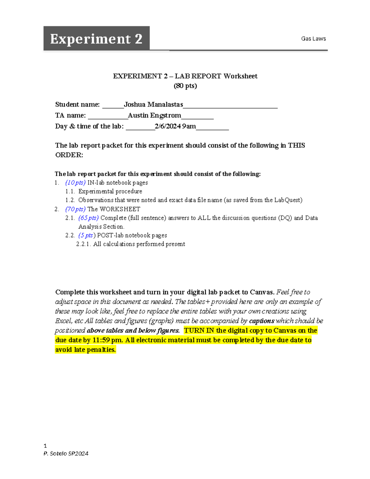 E2 Gas Laws Worksheet Sp2024 - Experiment 2 Gas Laws Experiment 2 – Lab