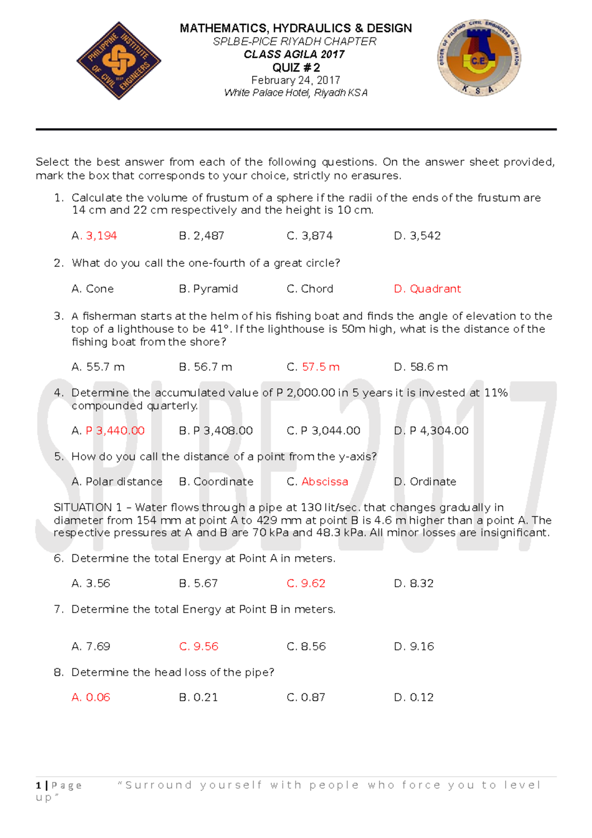 QUIZ#2 Splbe-2017 - For CE Board Exam. - MATHEMATICS, HYDRAULICS ...