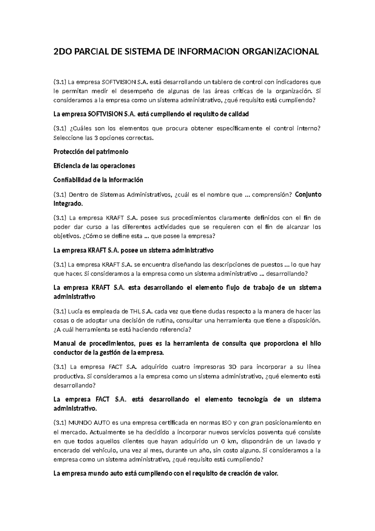 2do parcial SIST. Infor. Organizacional - 2DO PARCIAL DE SISTEMA DE INFORMACION ORGANIZACIONAL ...