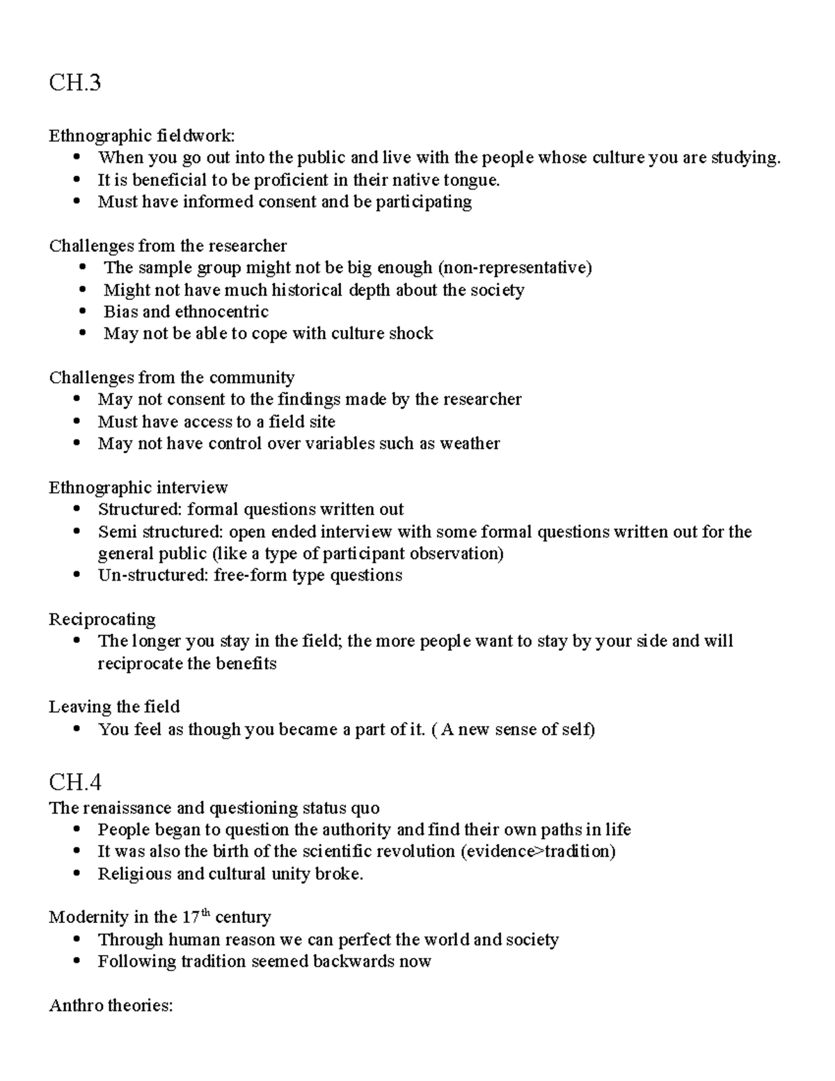 Anthro notes ch3-5 - CH. Ethnographic fieldwork: When you go out into ...