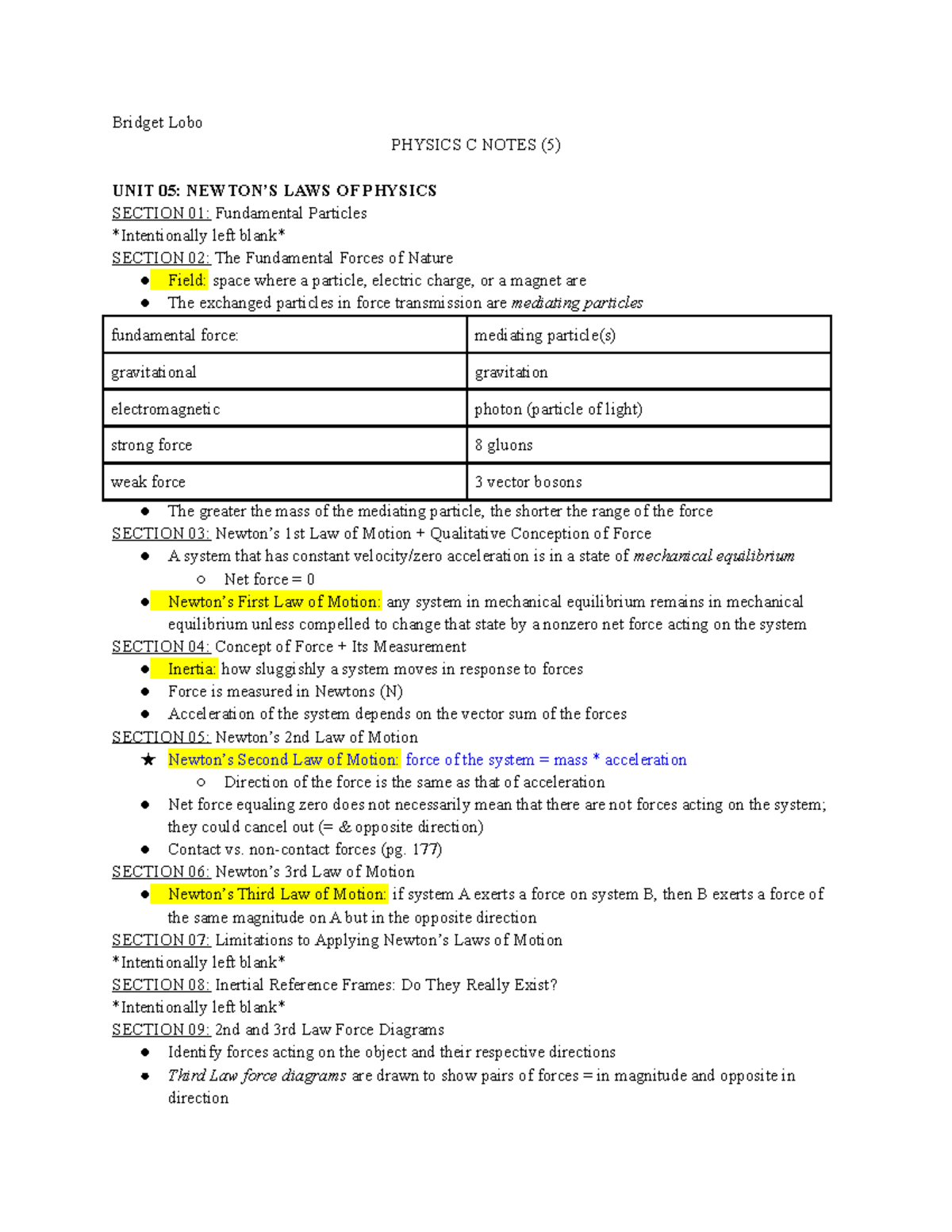 Ch. 05 newton's laws of motion - Bridget Lobo PHYSICS C NOTES (5) UNIT ...