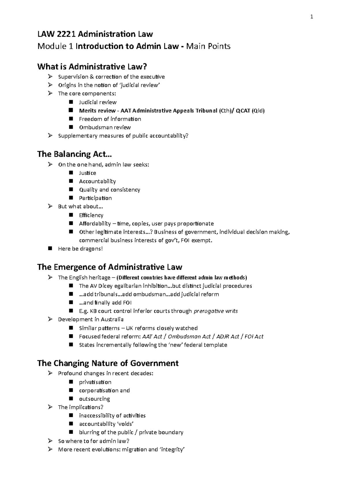 Module 1 Introduction to Admin Law - Main Points - 1 LAW 2221 ...