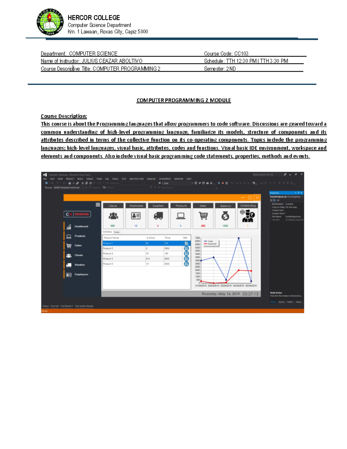 visual basic module - Department: COMPUTER SCIENCE _____________ Course Code: CC 103 - Studocu