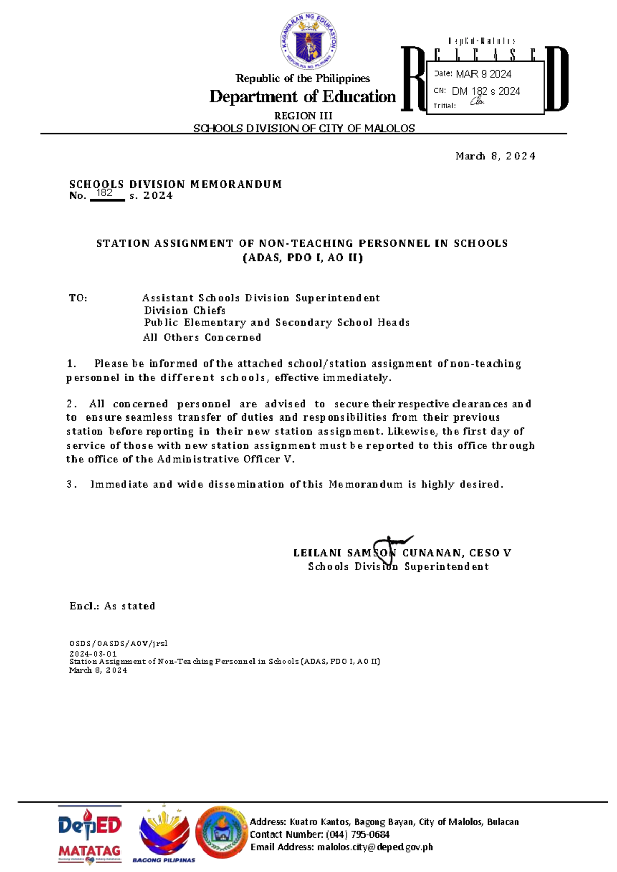 DM 182 s 2024 Station Assignment of Non Teaching Personnel in Schools ADAS PDO I AO II - Address ...