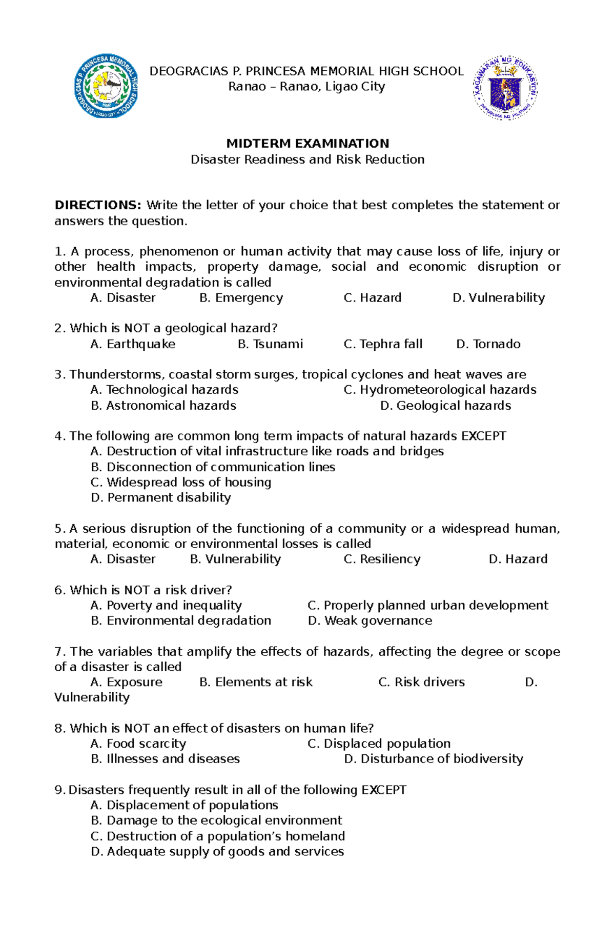385464738 Midterm Exam DRRR SY 2018 2019 MIDTERM EXAMINATION Disaster