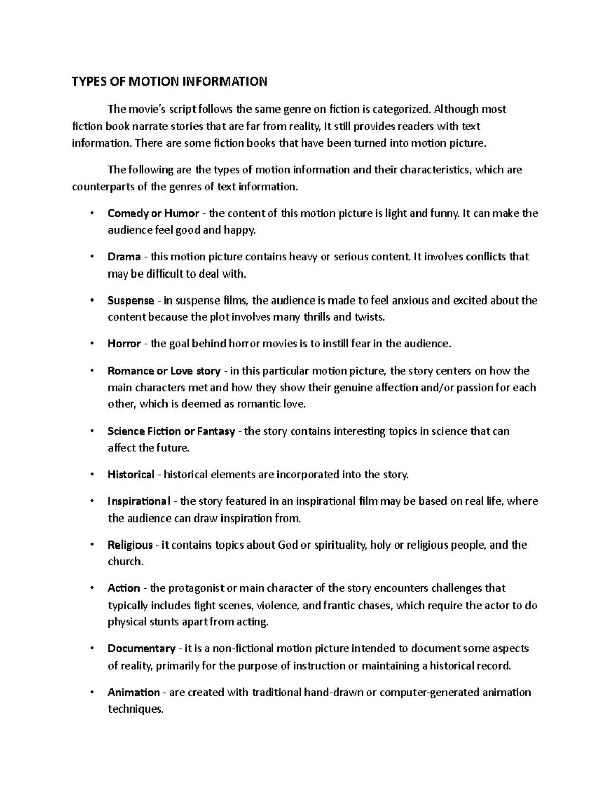 Types Of Motion Information TYPES OF MOTION INFORMATION The Movie s