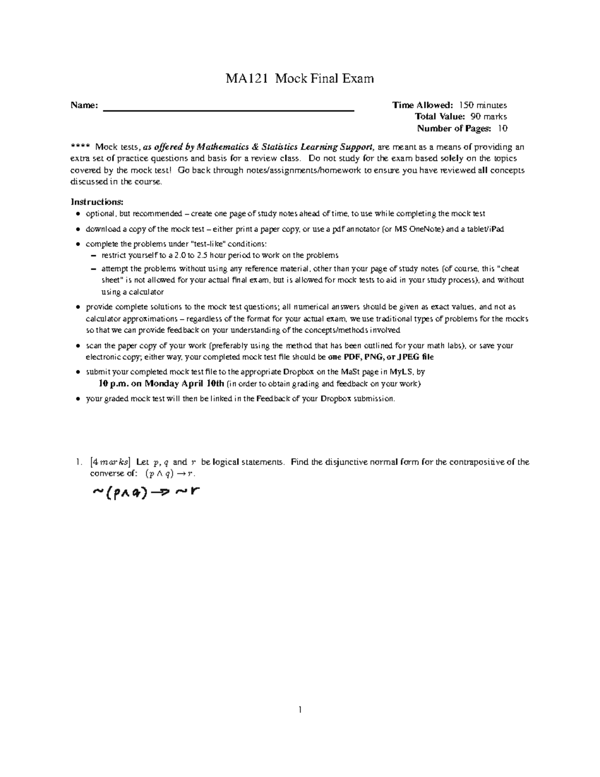 Mock Ma 121Fin W23 - mock final - MA121 Mock Final Exam Name: Time ...