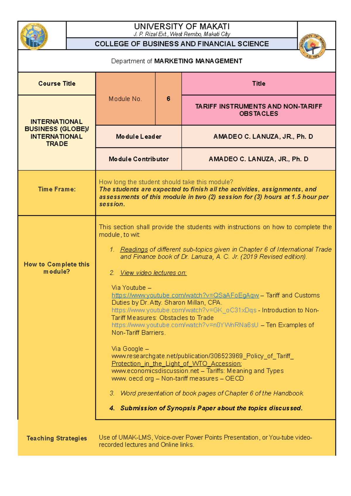 CBFS- Module NO. 6-Globe-Intl Trade (1) (1) - UNIVERSITY OF MAKATI J. P ...