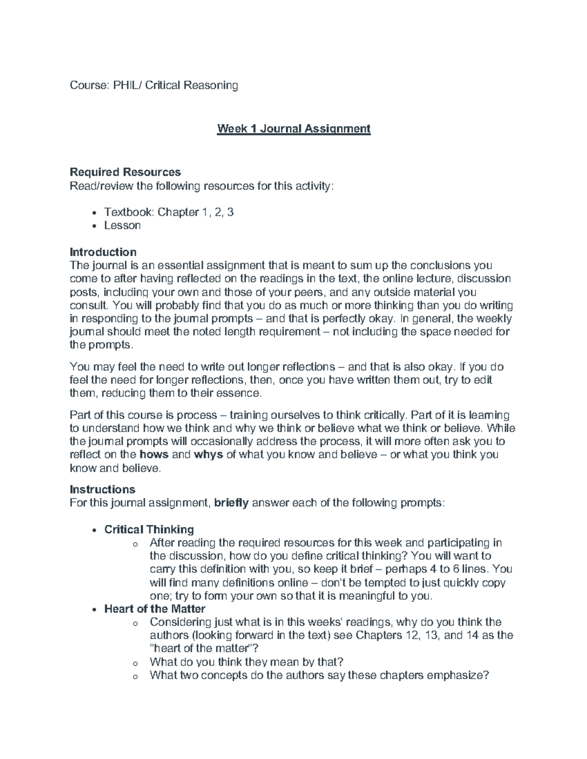 Week 1 Journal assignment - PHIL-347 - Chamberlain University - Studocu