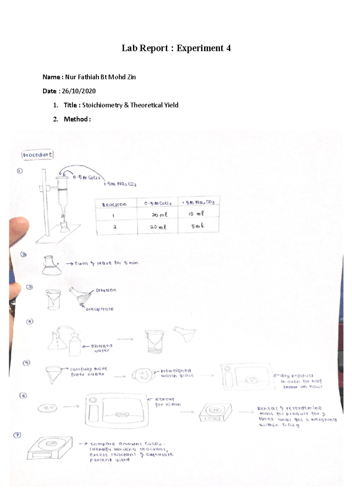 Lab Report - Title : Stoichiometry & Theoretical Yield 2. Method : 3 ...