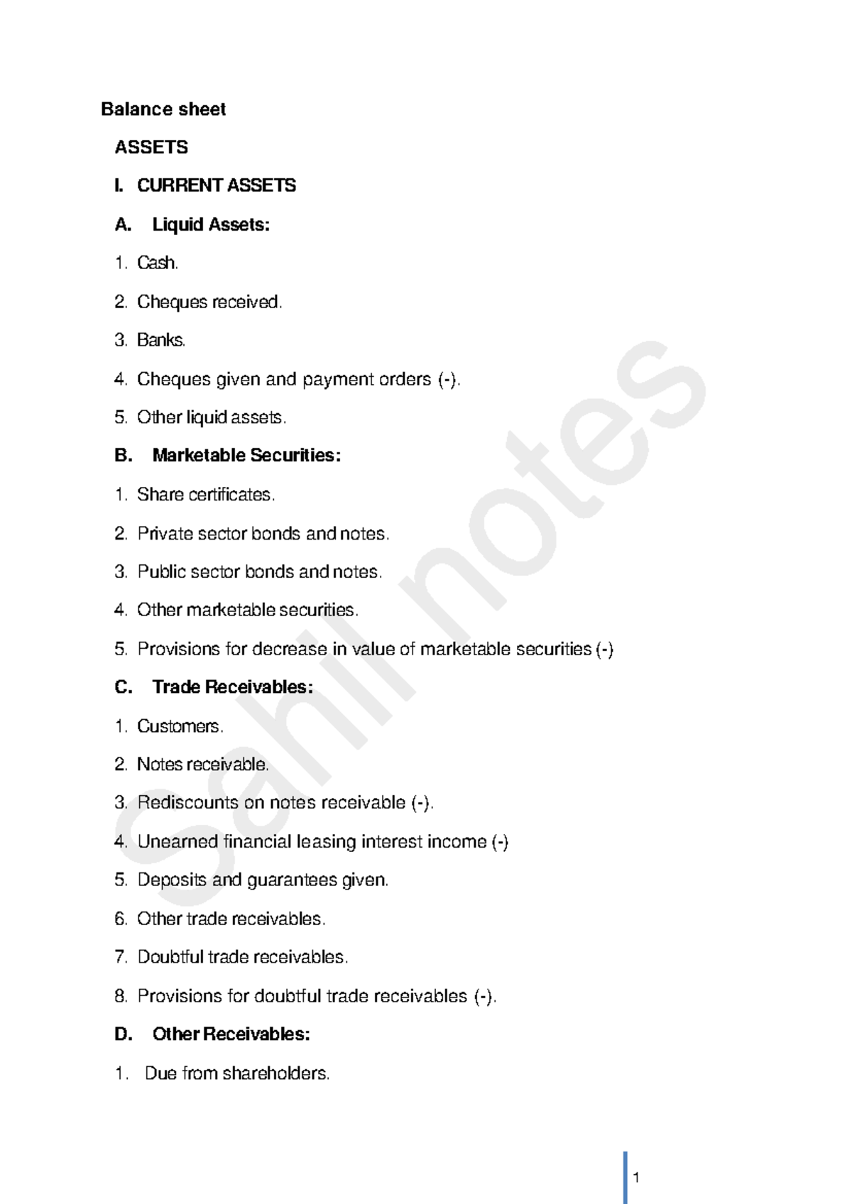 Balance Sheet - Lecture notes 1-4 - Balance sheet ASSETS I. CURRENT ...