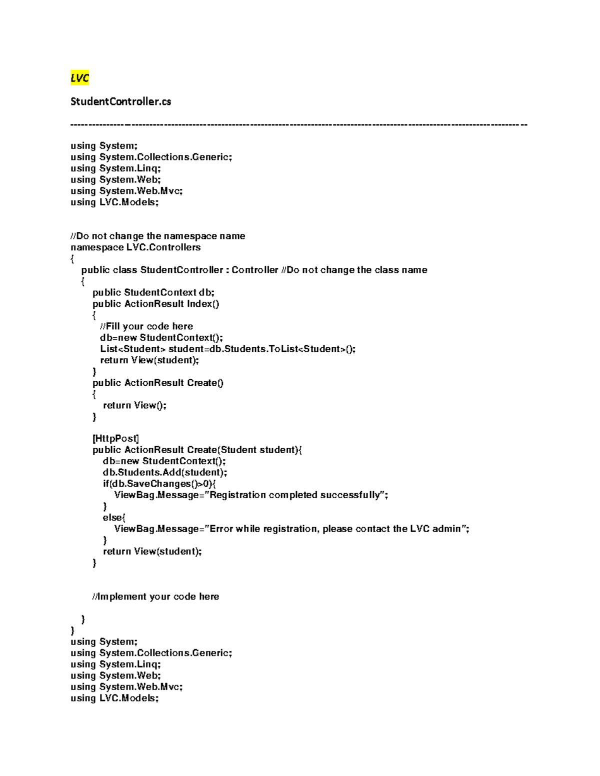 ASP dotnet MVC Entity CC - LVC StudentController - using System; using ...