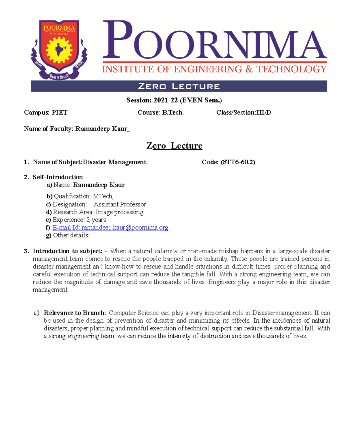 Zero Lecture DM - Session: 2021-22 (EVEN Sem.) Campus: PIET Course: B. Class/Section:III/D Name ...