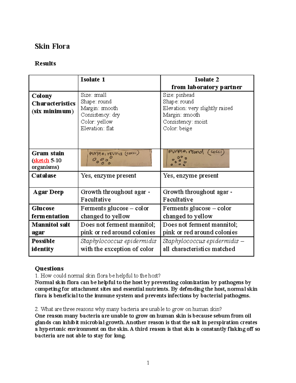 Chapter 12 Skin Microbiota - Skin Flora Results Isolate 1 Isolate 2 ...