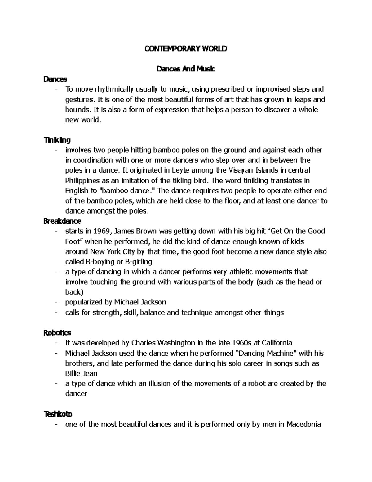 Contemporary World - Dances And Music Around the World notes ...