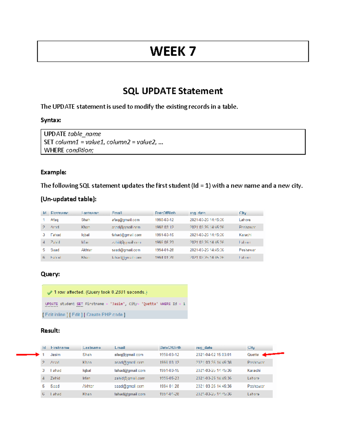 Week 7 - d ar eafr s - WEEK 7 SQL UPDATE Statement The UPDATE statement ...