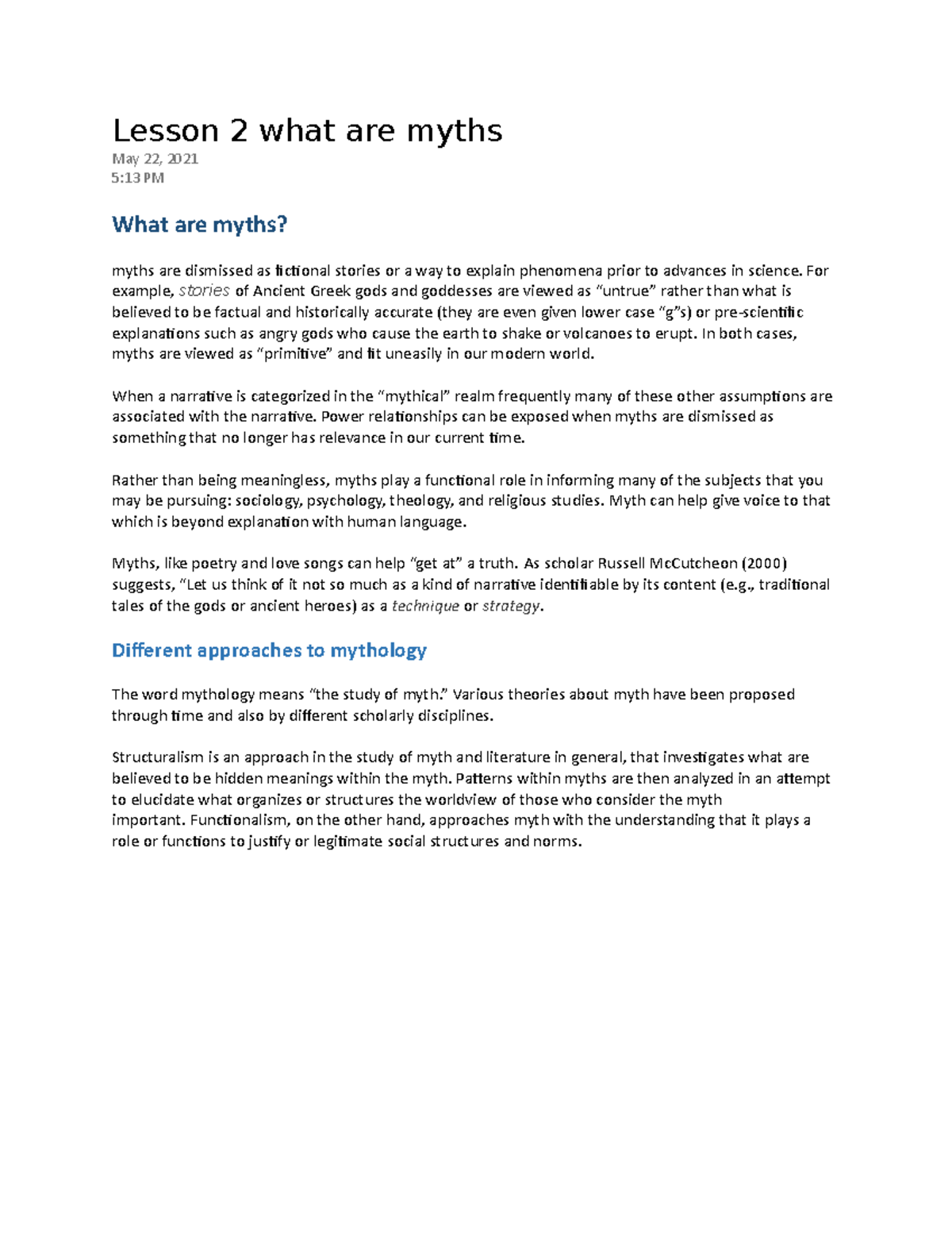 Lesson 2 what are myths - Lecture notes 2 - Lesson 2 what are myths May ...