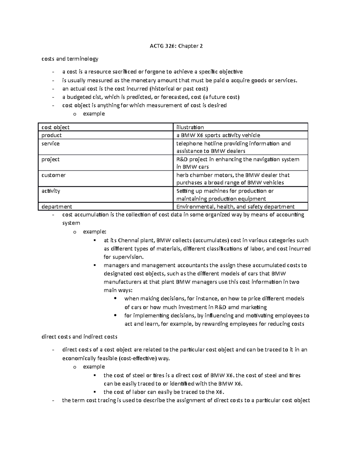 ACTG 326-Chapter 2 - Danielle Hart - ACTG 326: Chapter 2 costs and terminology a cost is a ...
