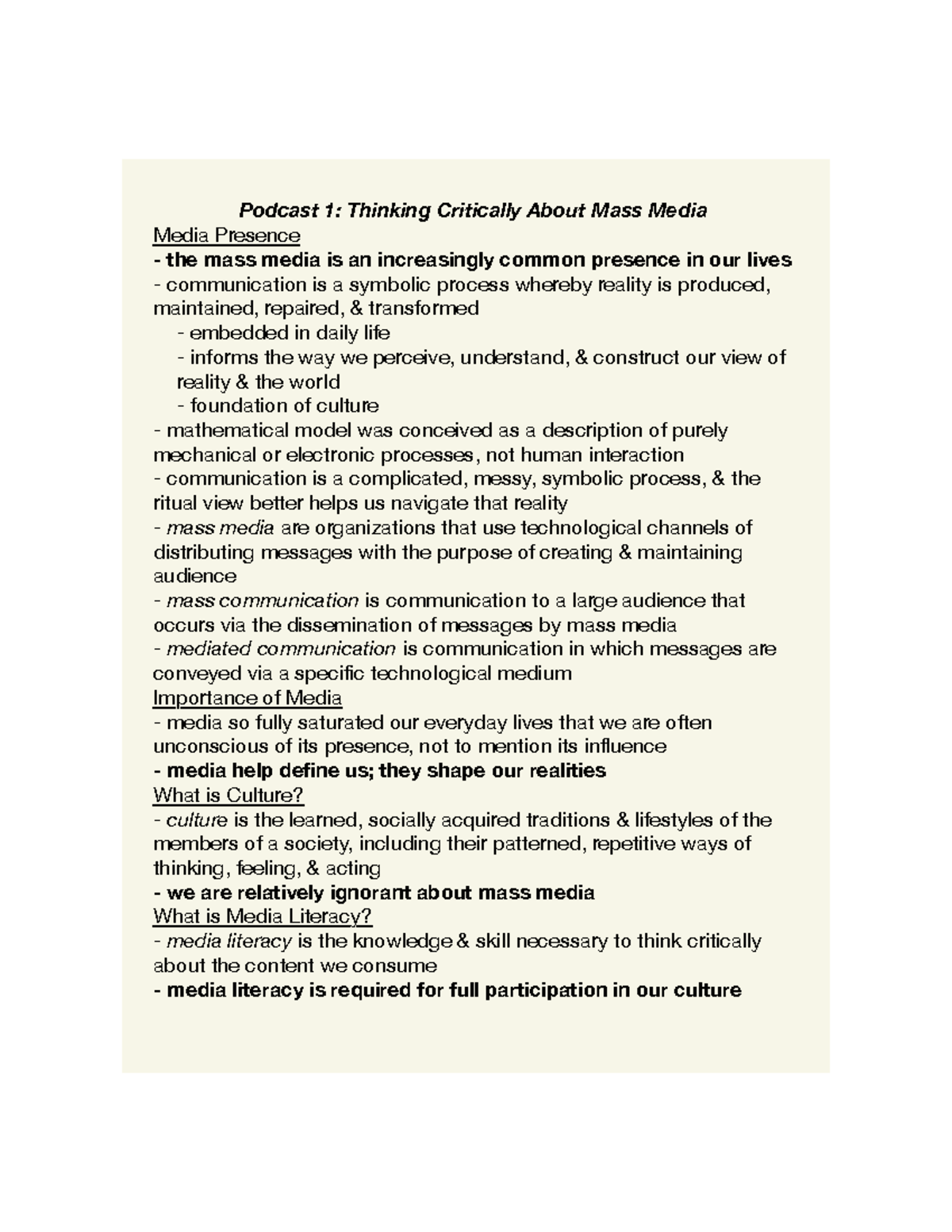 Podcast 1 Thinking Critically About Mass Media - Studocu