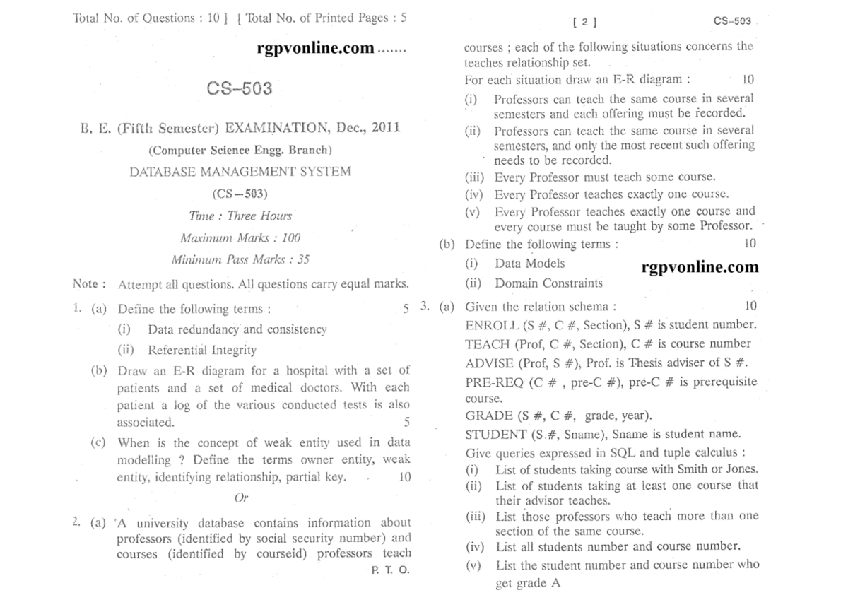 Cs 503 database management system dec 2011 - Cyber Security - Studocu