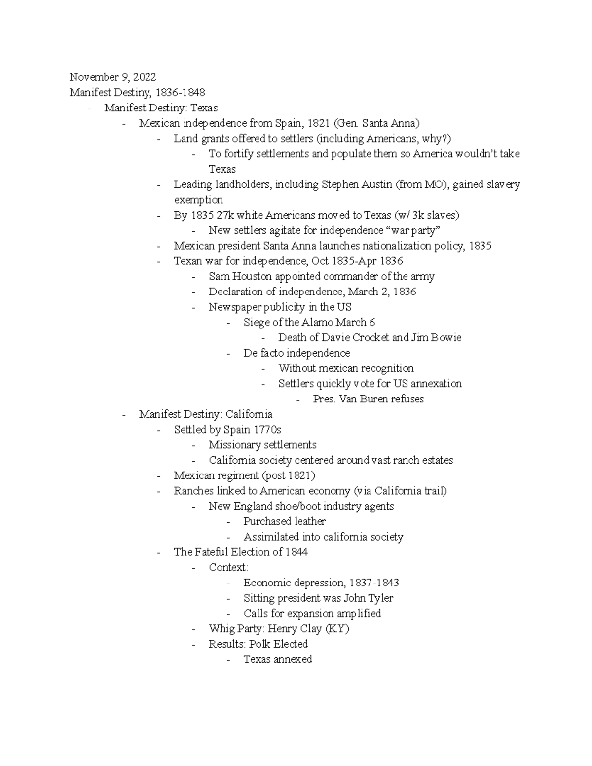 History 11 9 - James Jeffries - November 9, 2022 Manifest Destiny, 1836 ...