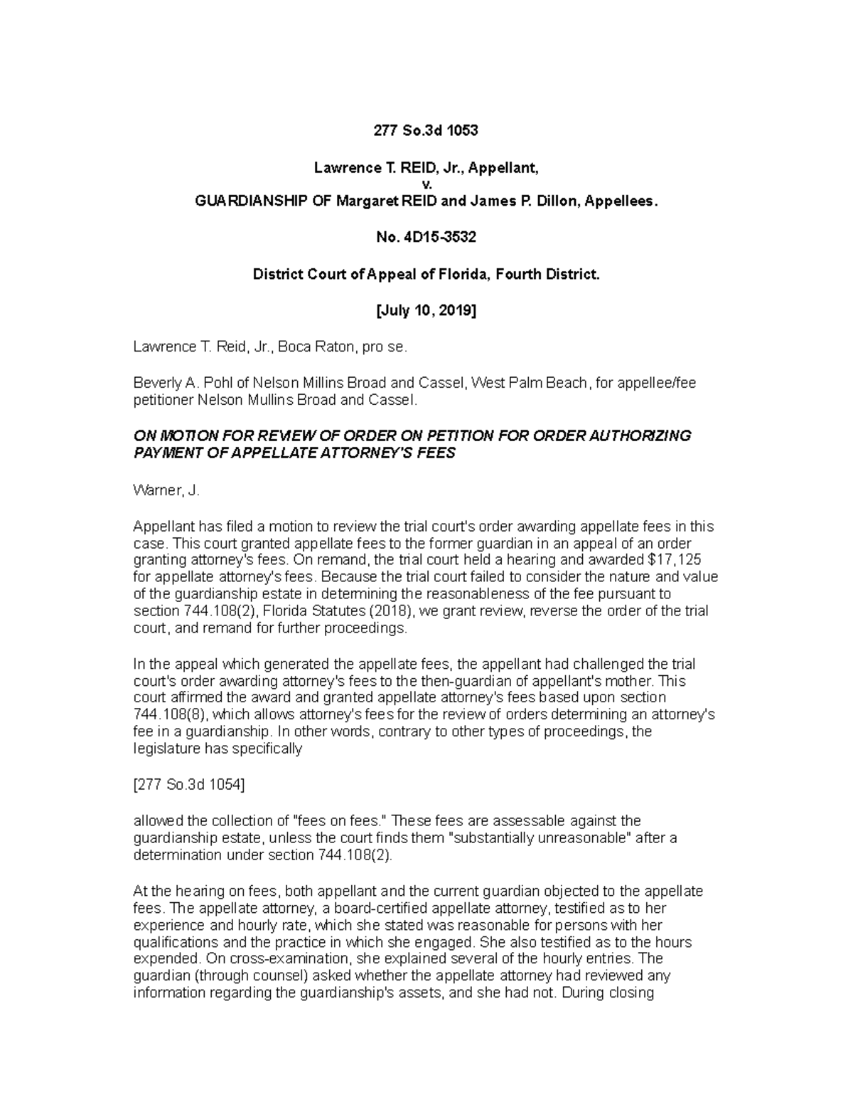 Review of Order on Appellate Fees in Reid v. Guardian of Reid - Studocu