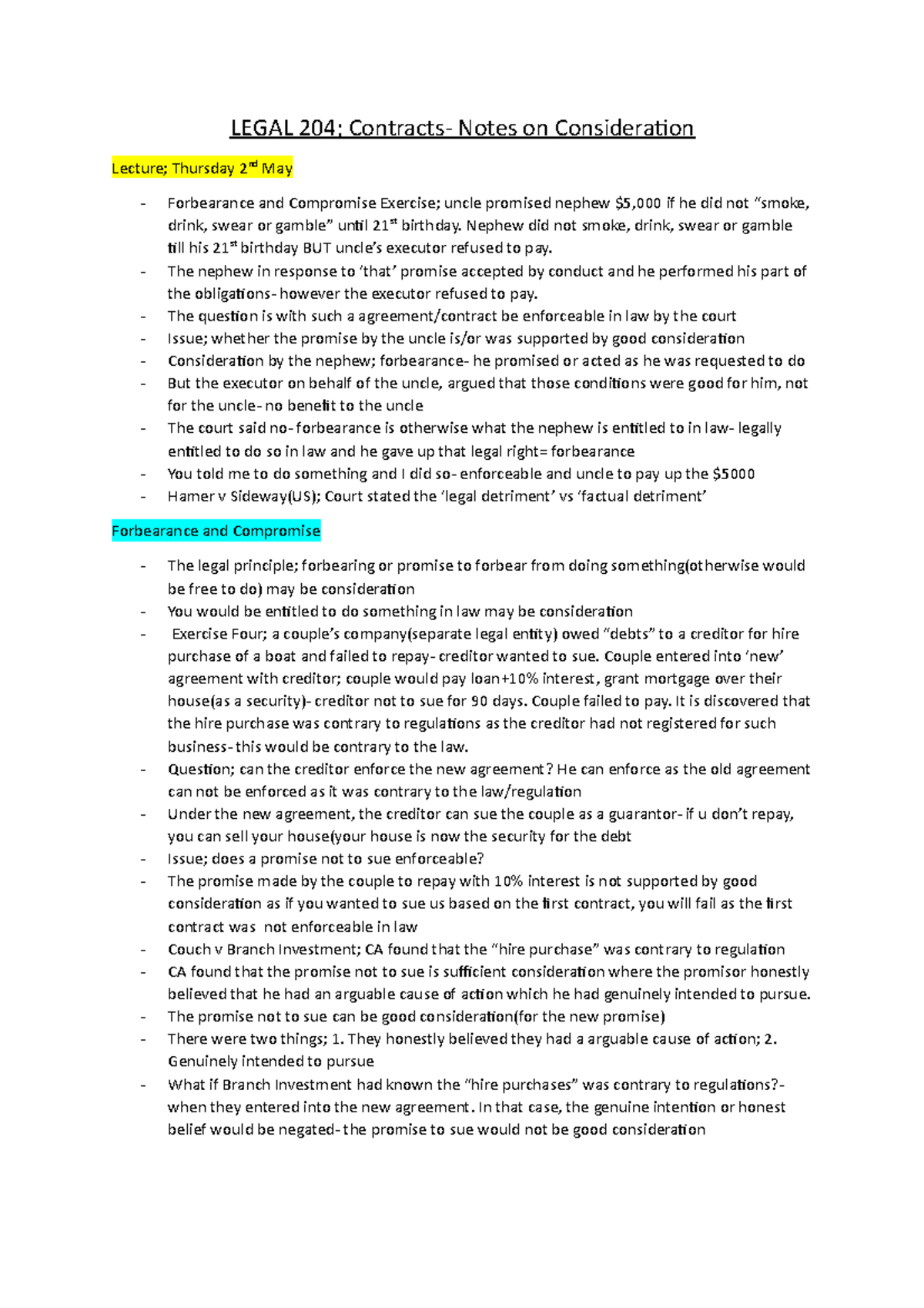 Legal 204 Consideration NOtes - LEGAL Notes on Consideration Thursday ...