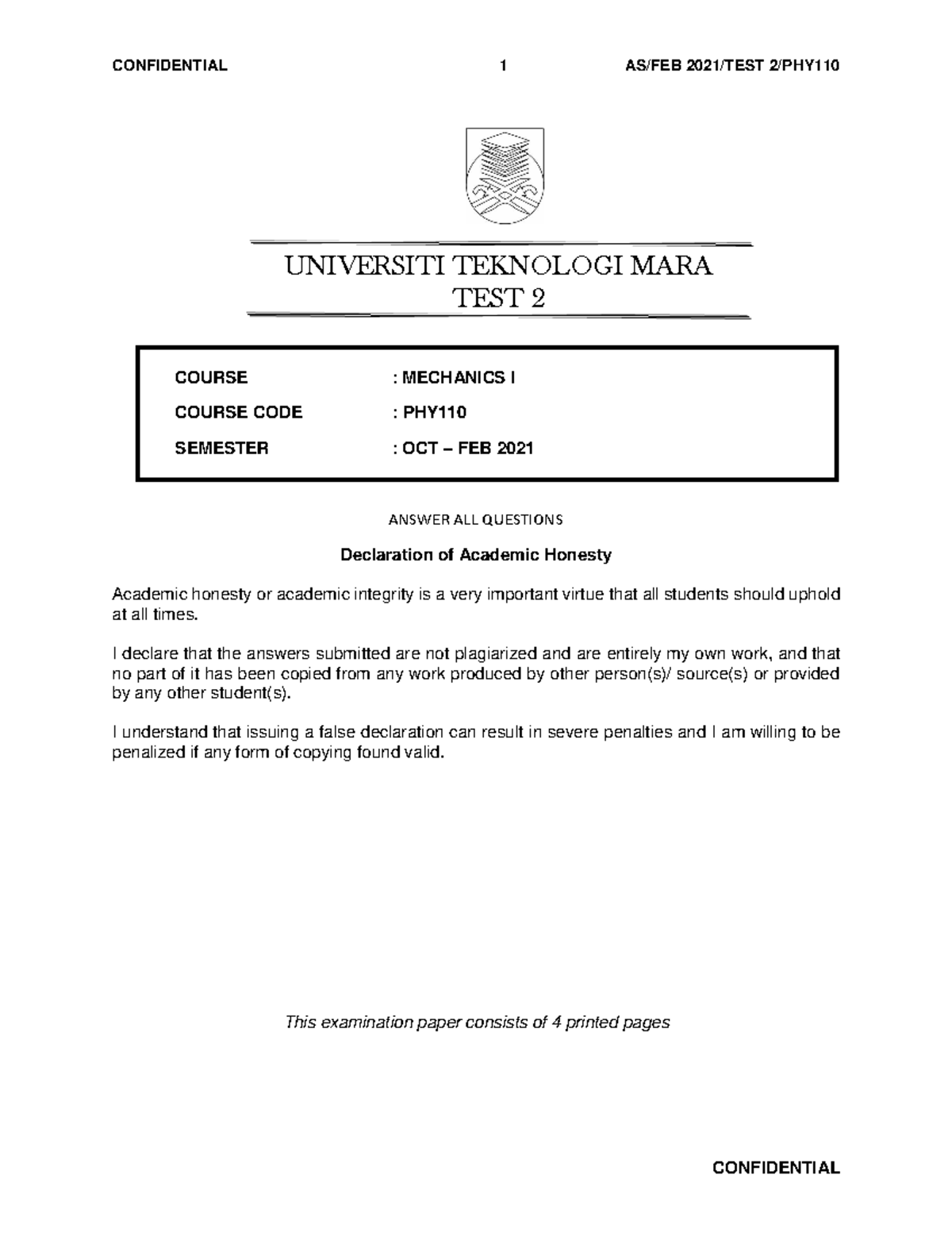 phy 110 - mechanics 1 - COURSE : MECHANICS I COURSE CODE : PHY SEMESTER : OCT – FEB 2021 ANSWER ...