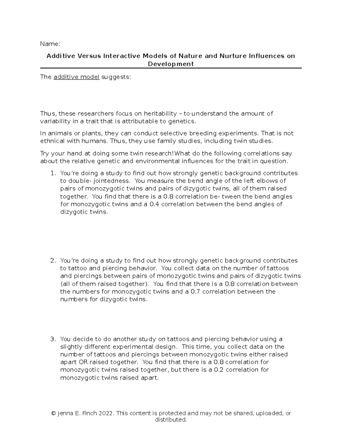 PSYC 289 Additive Versus Interactive Model Worksheet - Name: Additive ...