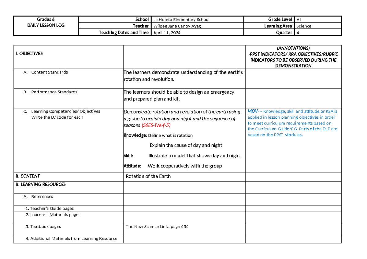COT DLP Science-6 Earths- Rotation-BY- Master- Teacher-EVA-M - Grades 6 DAILY LESSON LOG School ...