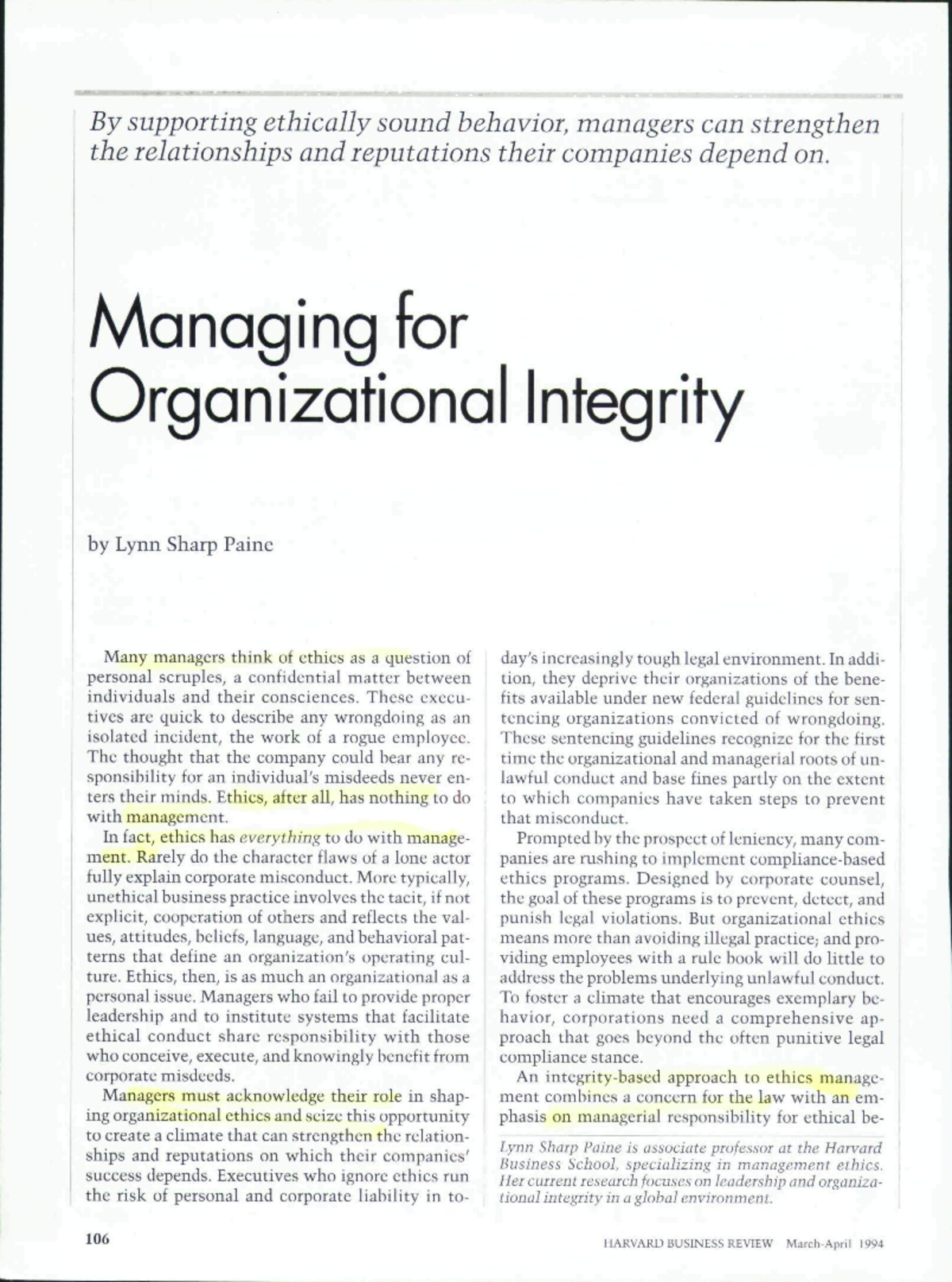 Managing for organisational integrity - By supporting ethically sound ...