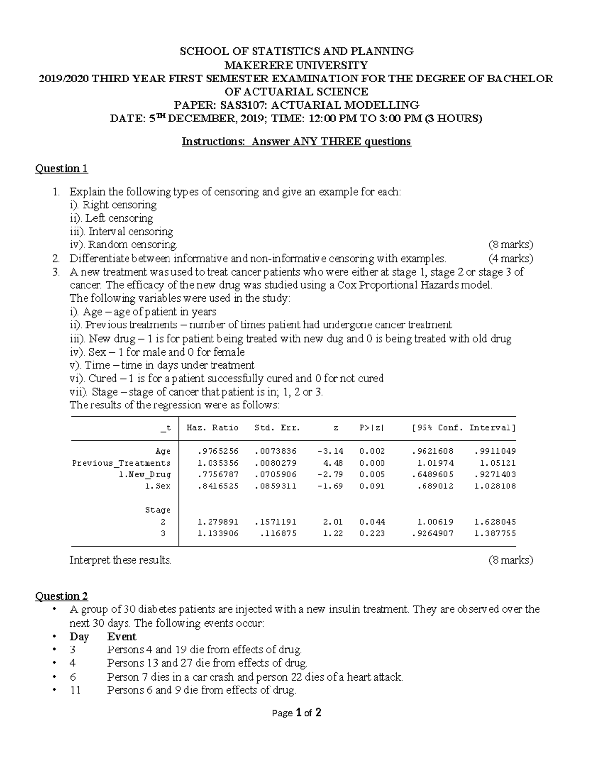 Actuarial Modelling Exam 2019 - SCHOOL OF STATISTICS AND PLANNING ...