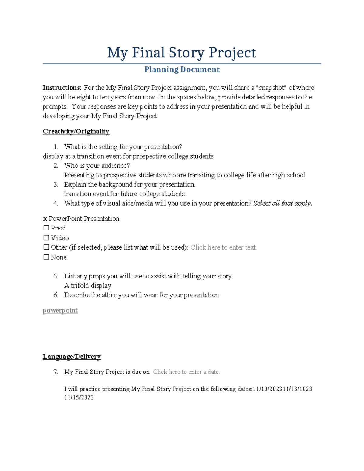 My FSP - Planning Document-1 - My Final Story Project Planning Document ...