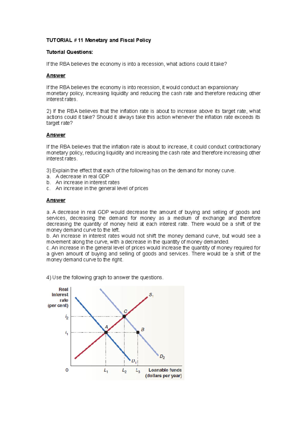Tutorial 10 - TUITORIAL ANSWER - TUTORIAL # 11 Monetary and Fiscal ...