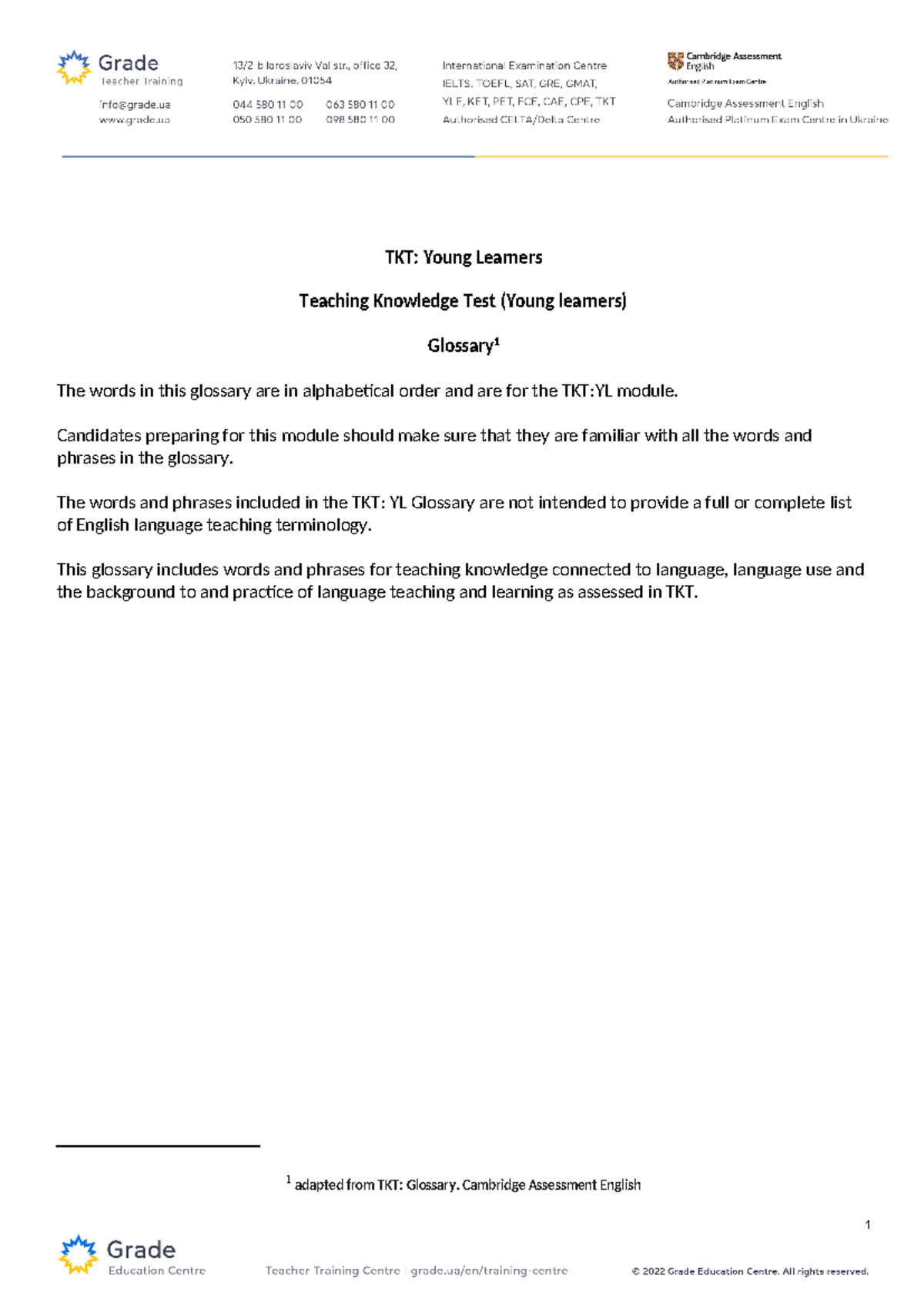 TKT YL Glossary - very useful - TKT: Young Learners Teaching Knowledge ...