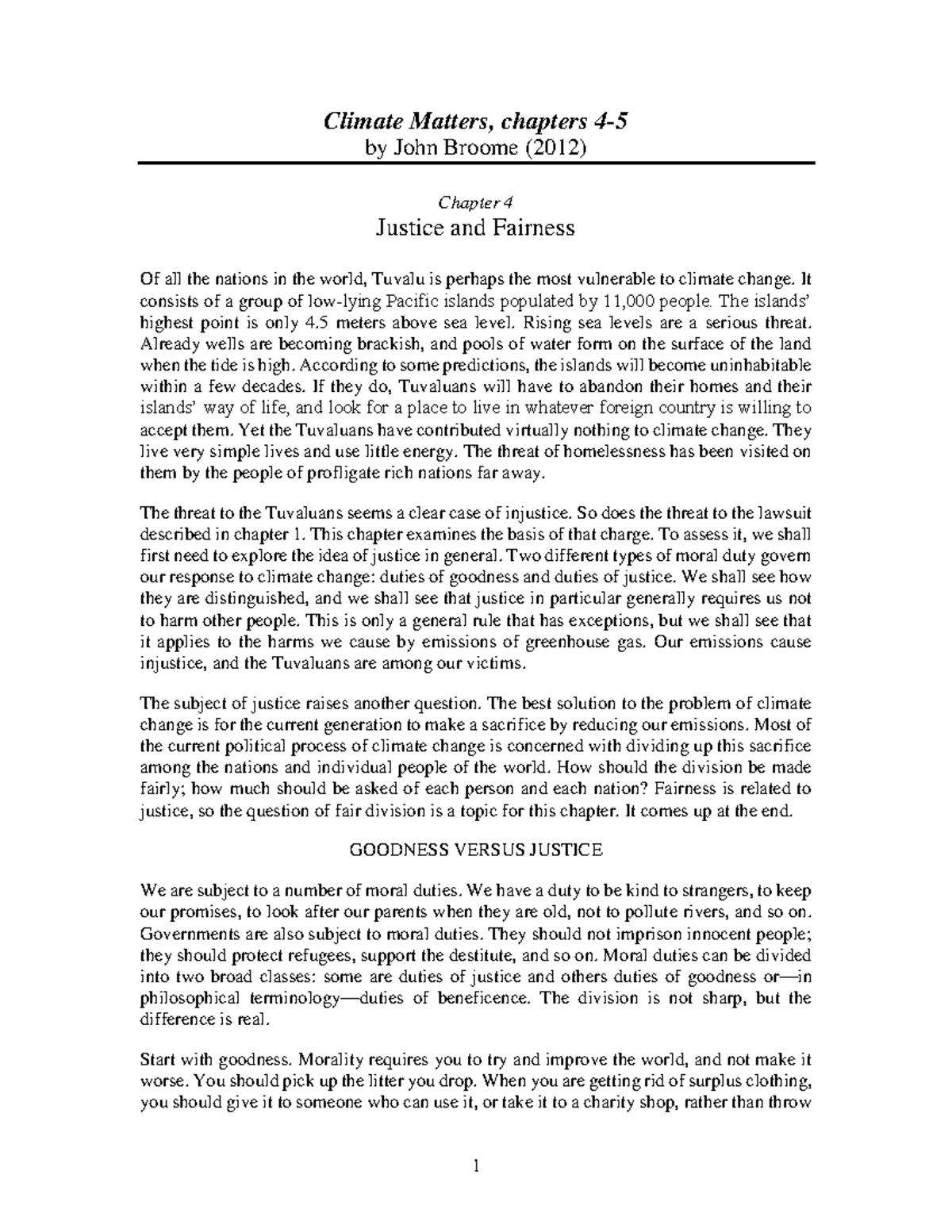Broome readings - Climate Matters, chapters 4- by John Broome (2012) Chapter 4 Justice and ...