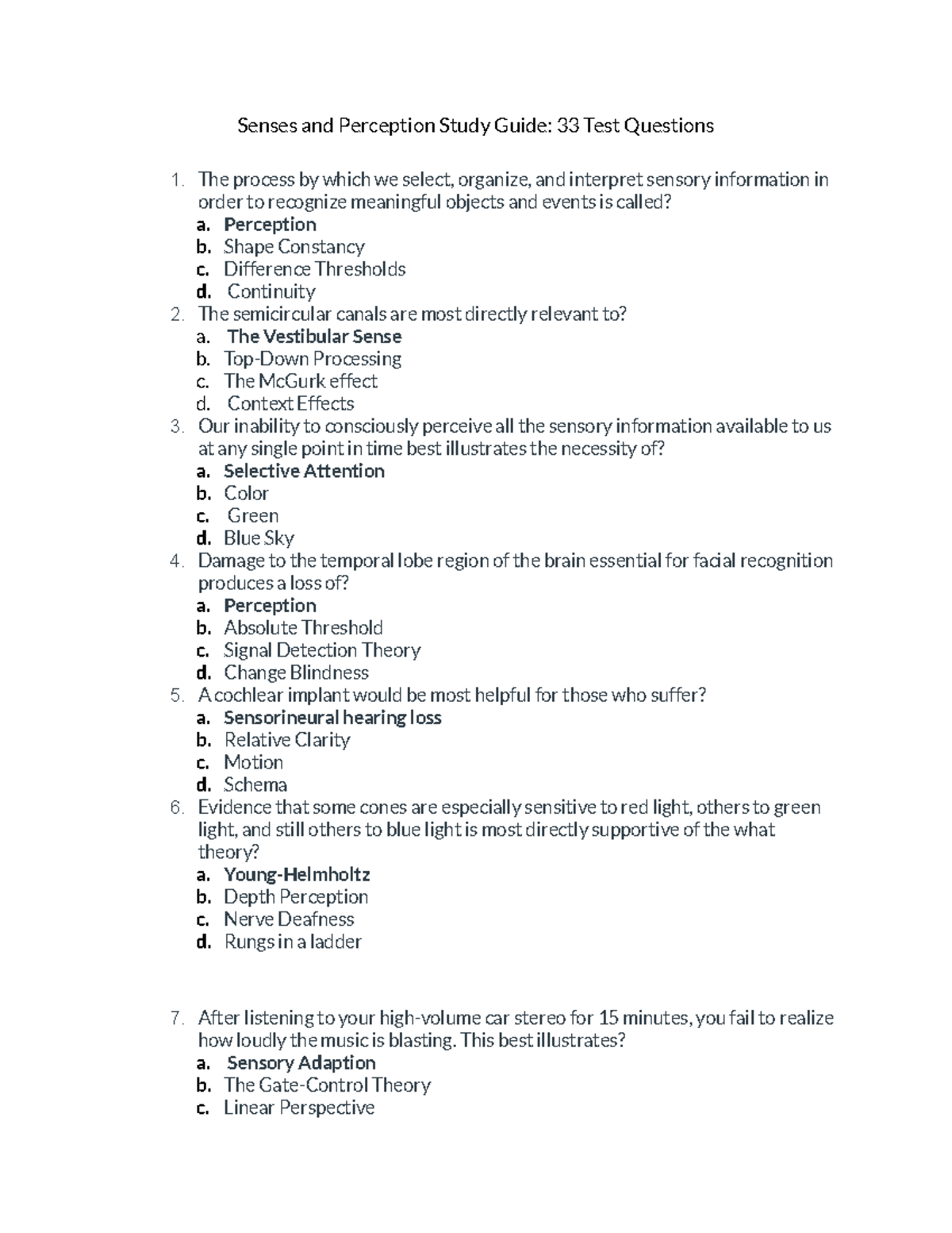Senses and Perception Study Guide 33 Test Questions - Senses and ...