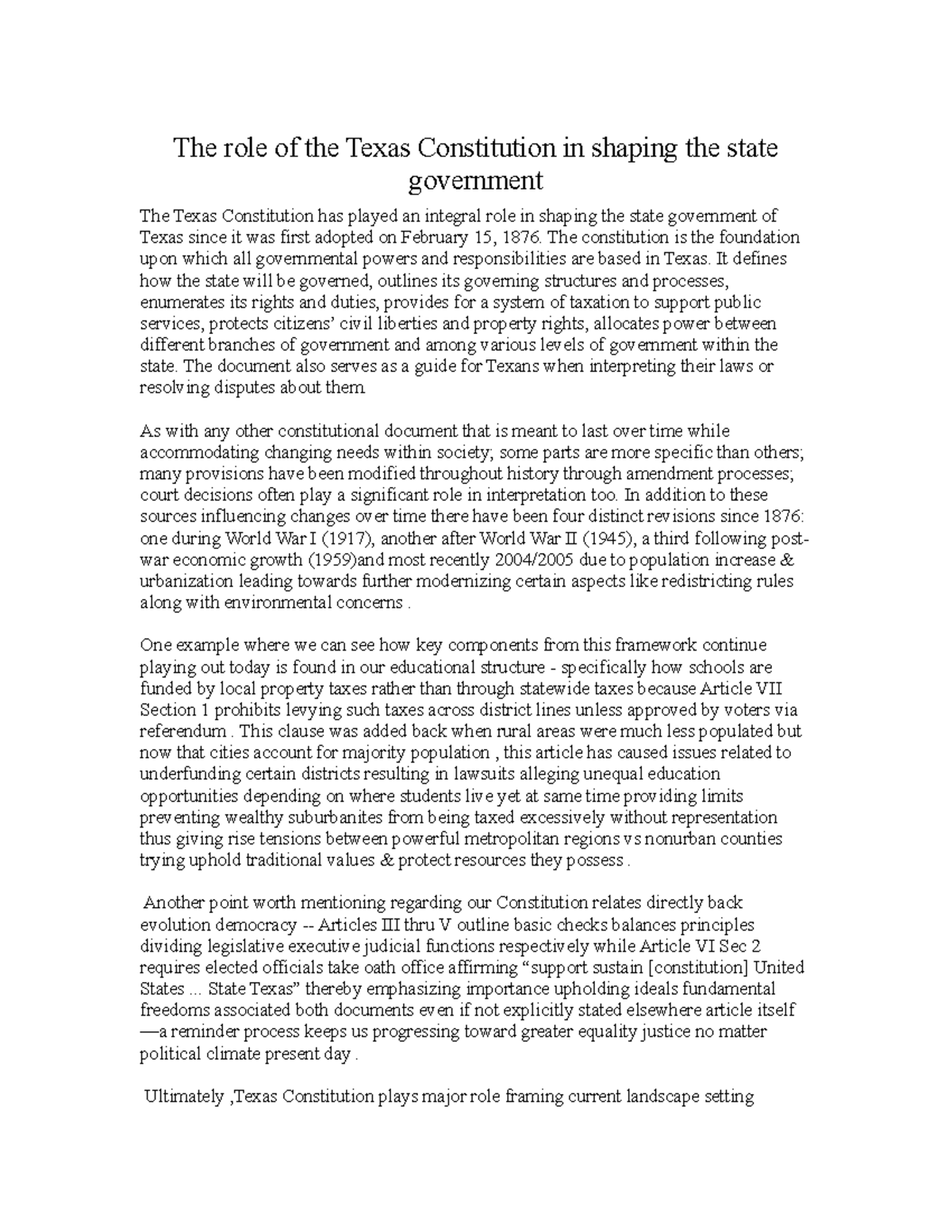 The role of the Texas Constitution in shaping the state government ...