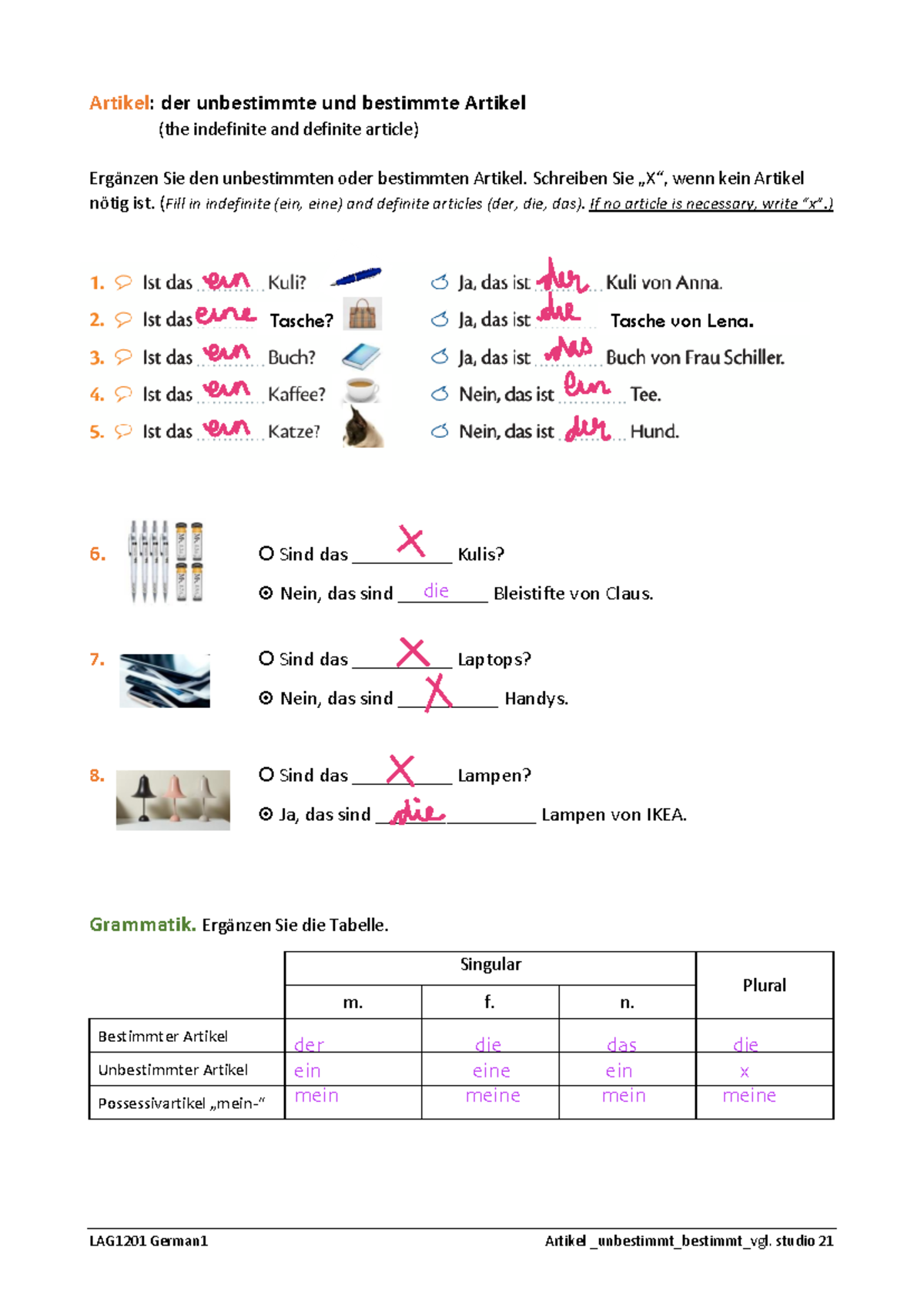 E3 bestimmter unbestimmter Artikel v2 - LAG1201 German1 Artikel ...