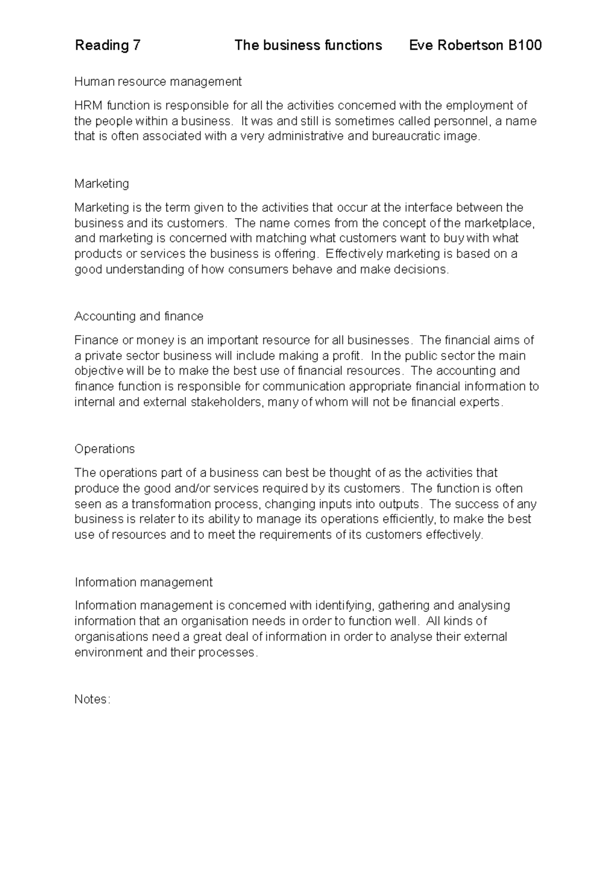 Reading 7 - Lecture notes W - Reading 7 The business functions Eve ...