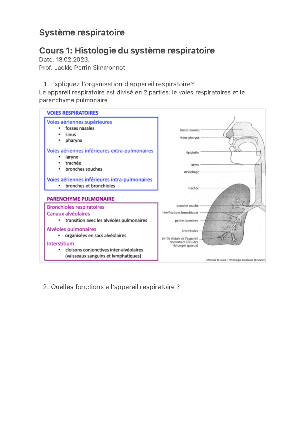 Système respiratoire - 1. 2. Système respiratoire Cours 1: Histologie ...