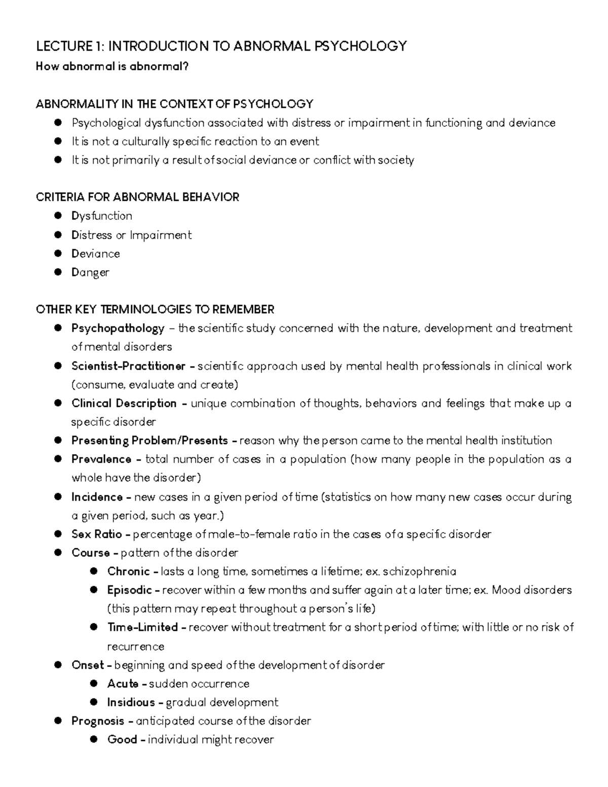 Abnormal- Psychology - LECTURE 1: INTRODUCTION TO ABNORMAL PSYCHOLOGY ...