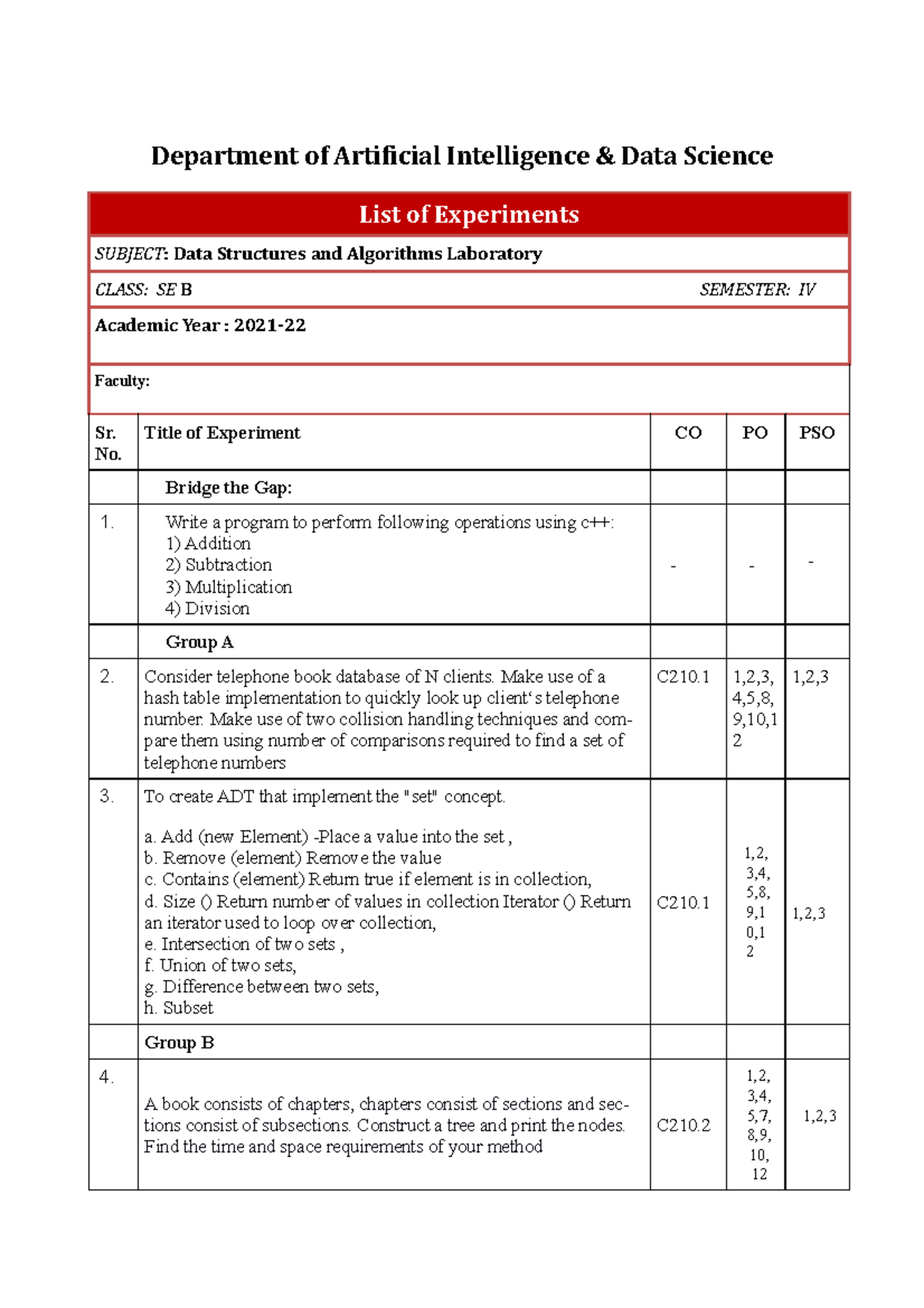 List of Experiments DSA Laboratory - Department of Artificial Intelligence & Data Science List ...